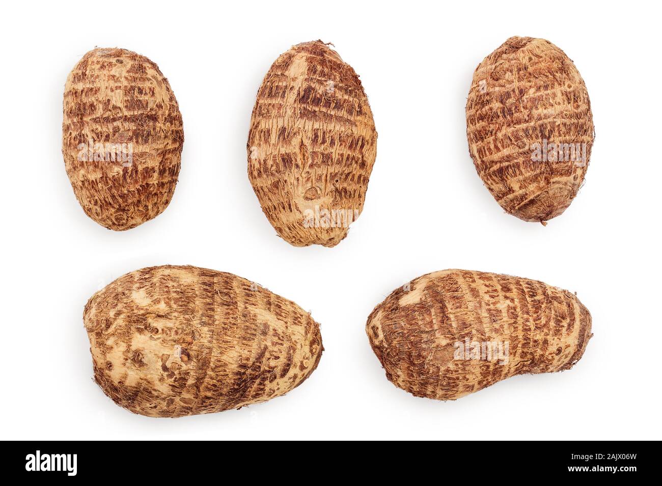 fresh taro root isolated on white background. Top view. Flat lay, Set ...