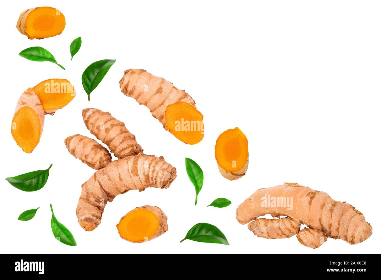 turmeric root and slices isolated on white background with copy space ...