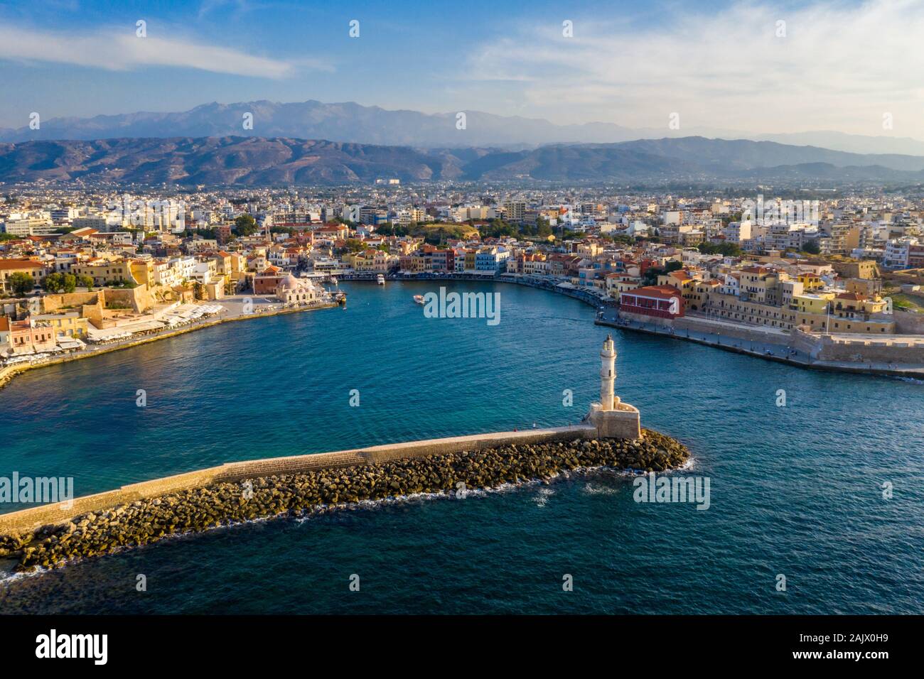 Panoramic aerial view from above of the city of Chania, Crete island ...