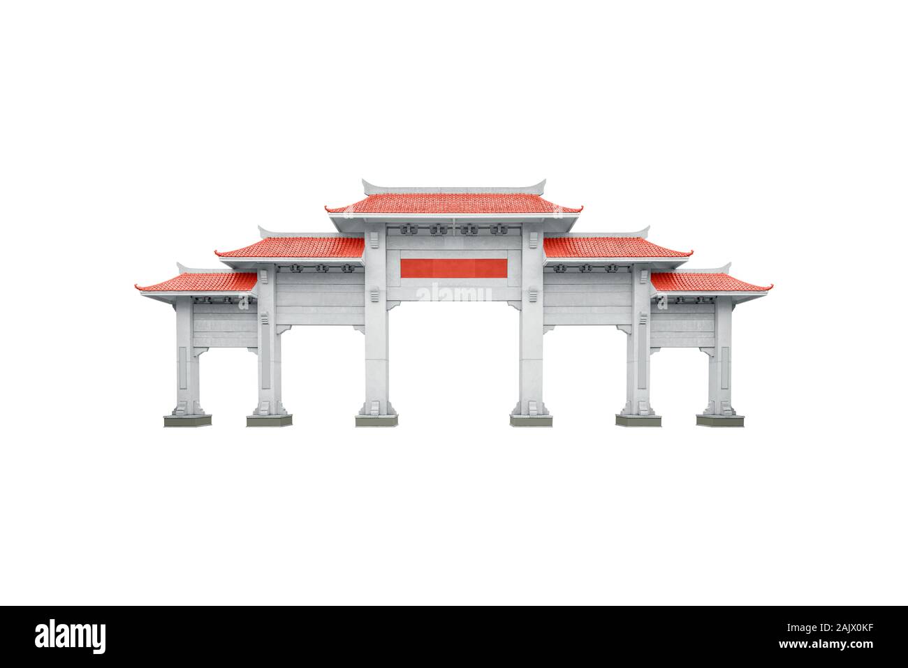 Chinese pavilion gate with red roof isolated over white background ...