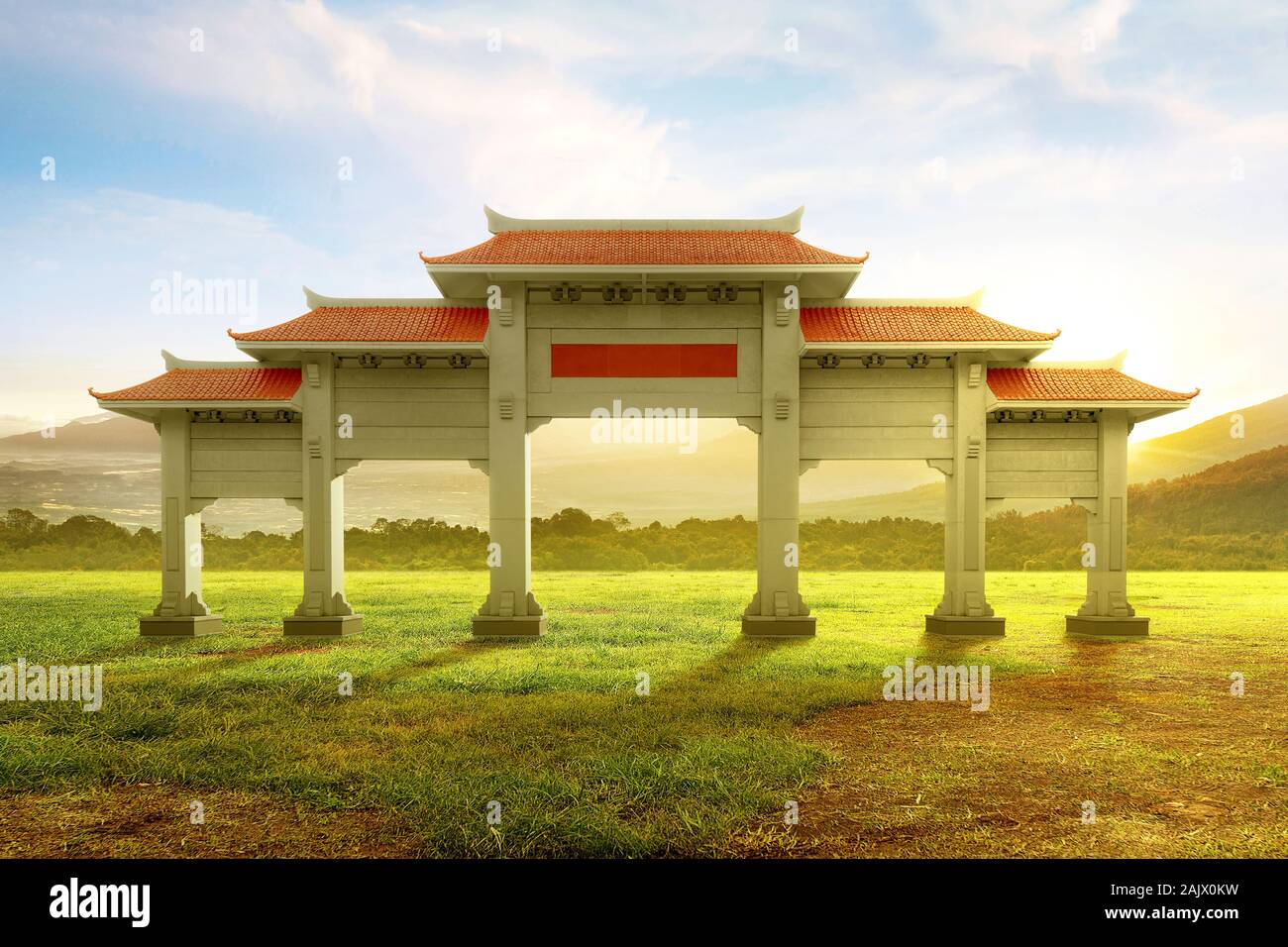 Chinese pavilion gate with red roof with landscapes view and blue sky ...