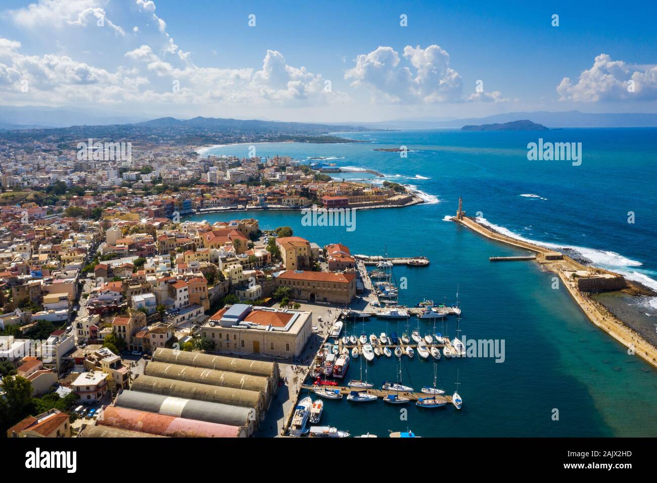 Panoramic aerial view from above of the city of Chania, Crete island ...