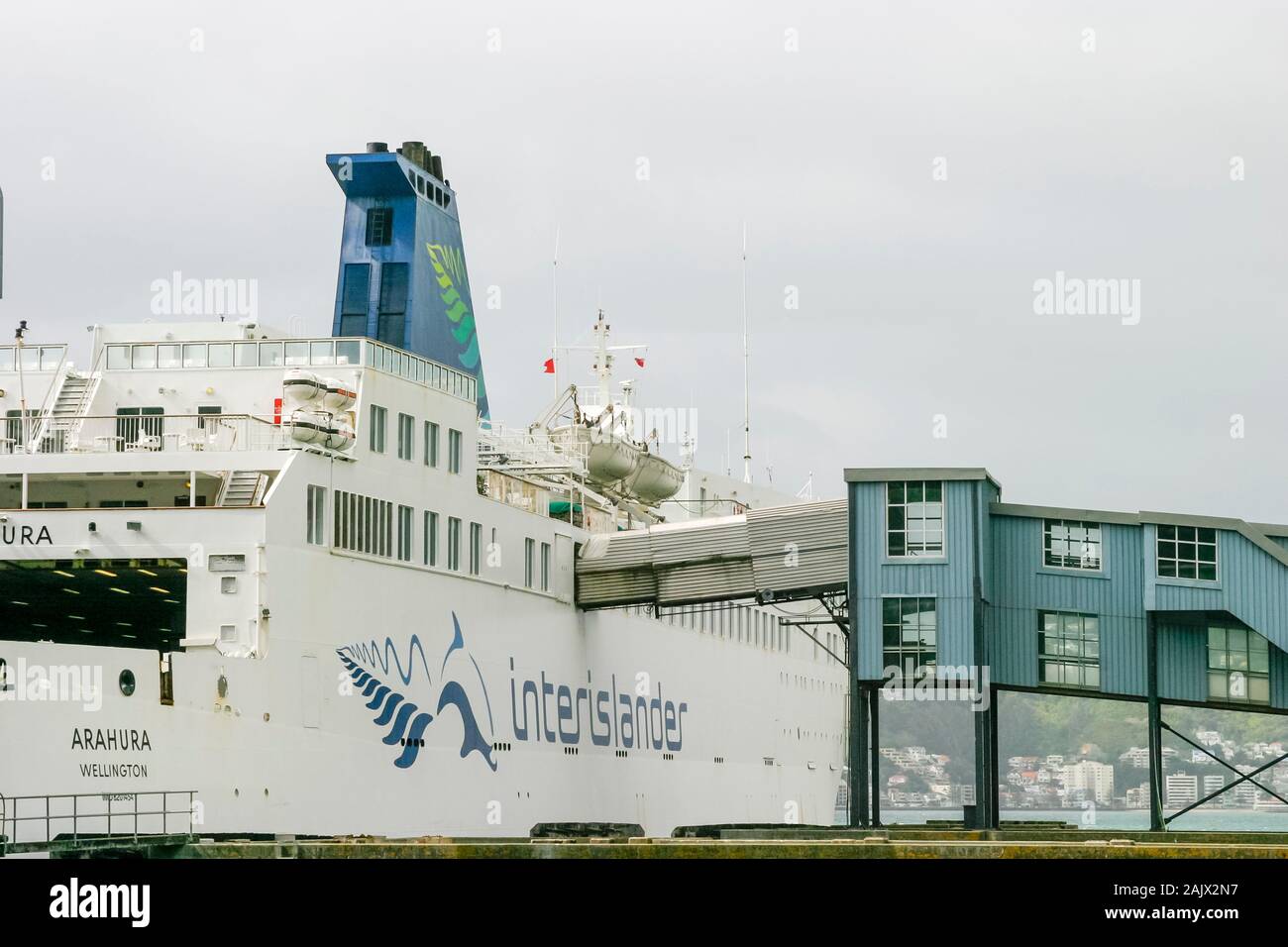 Covered walkway and pedestrian boarding ramp at the Interislander ferry ...