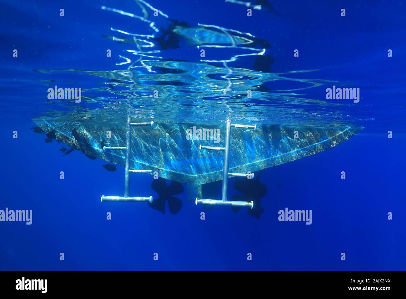 Underwater part of tourist ship with ladders in the Red Sea Stock Photo ...