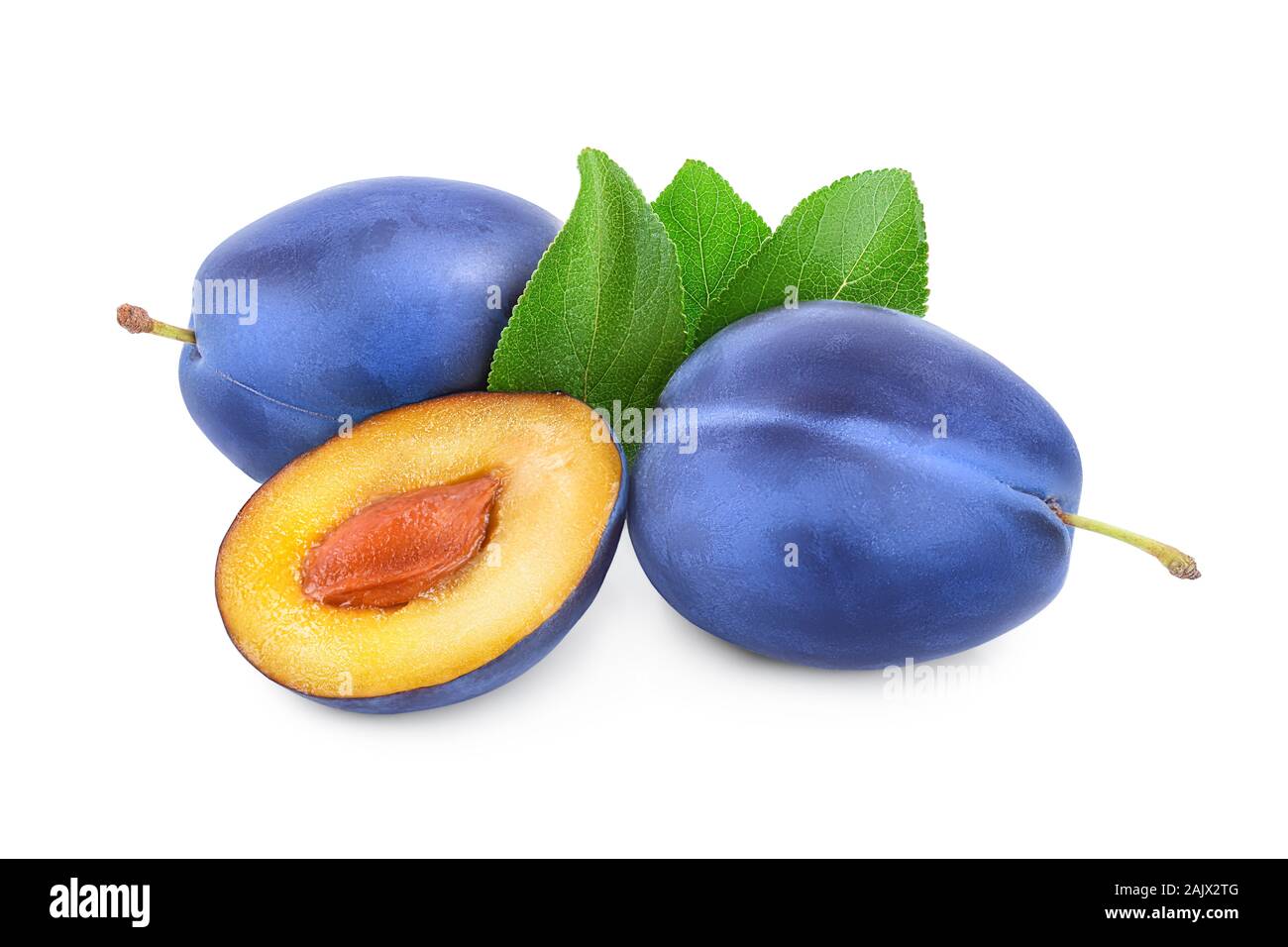 fresh plum and half with leaves isolated on white background Stock ...