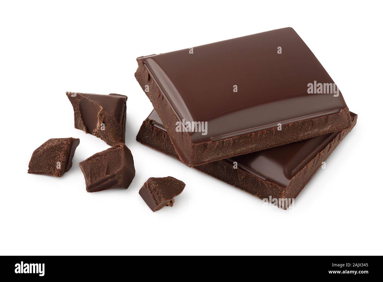 Small dark chocolate pieces isolated on white background with clipping ...