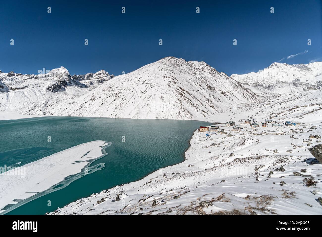 Stunning view of Gokyo on a sunny winter day with the Gokyo RI, the ...