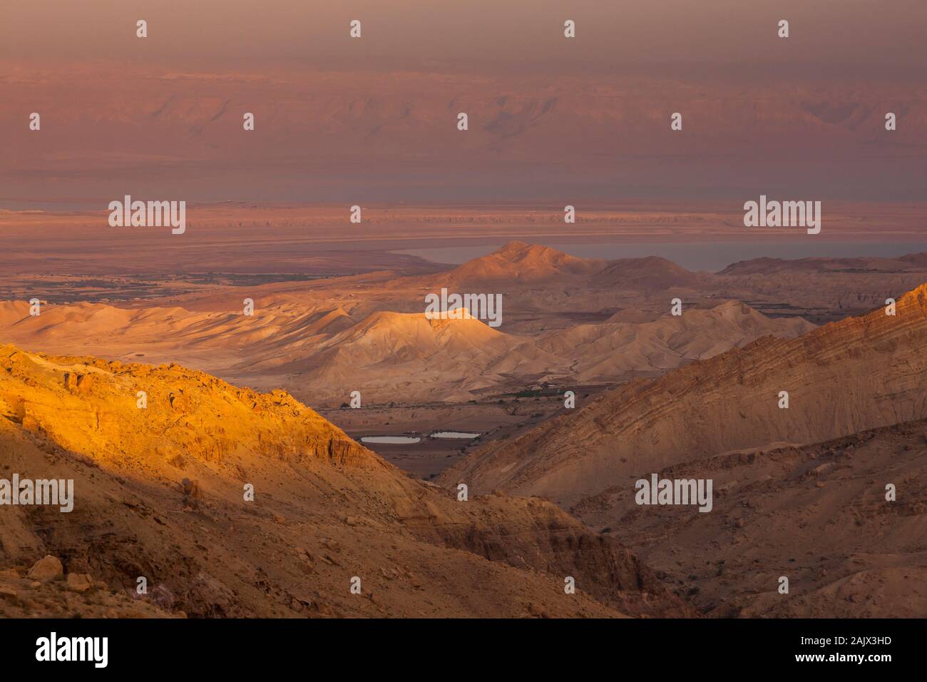 Dead Sea, morning view of Jordan valley, on al Karak Highway, route 50 ...