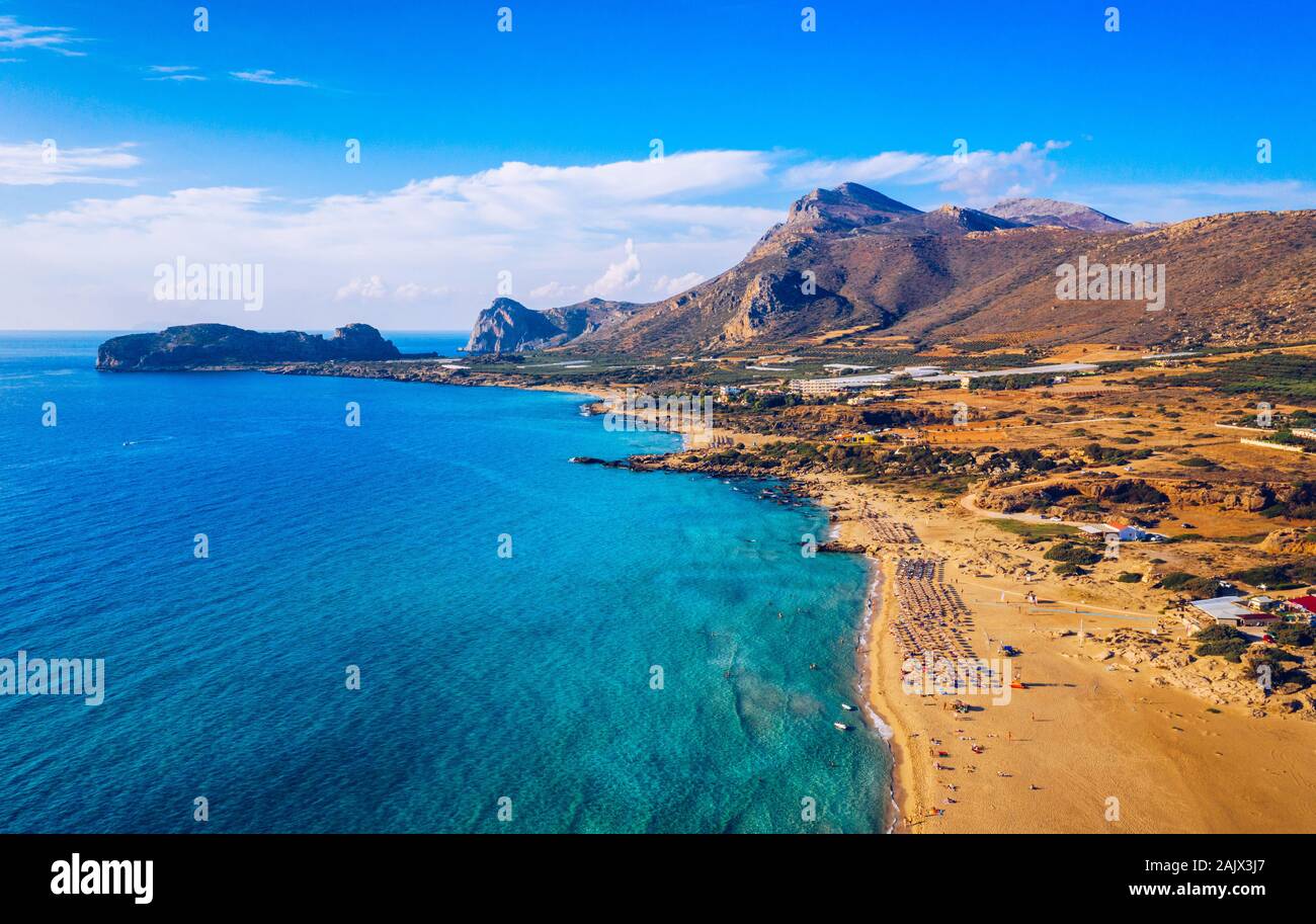 Aerial shot of beautiful turquoise beach Falasarna (Falassarna) in ...