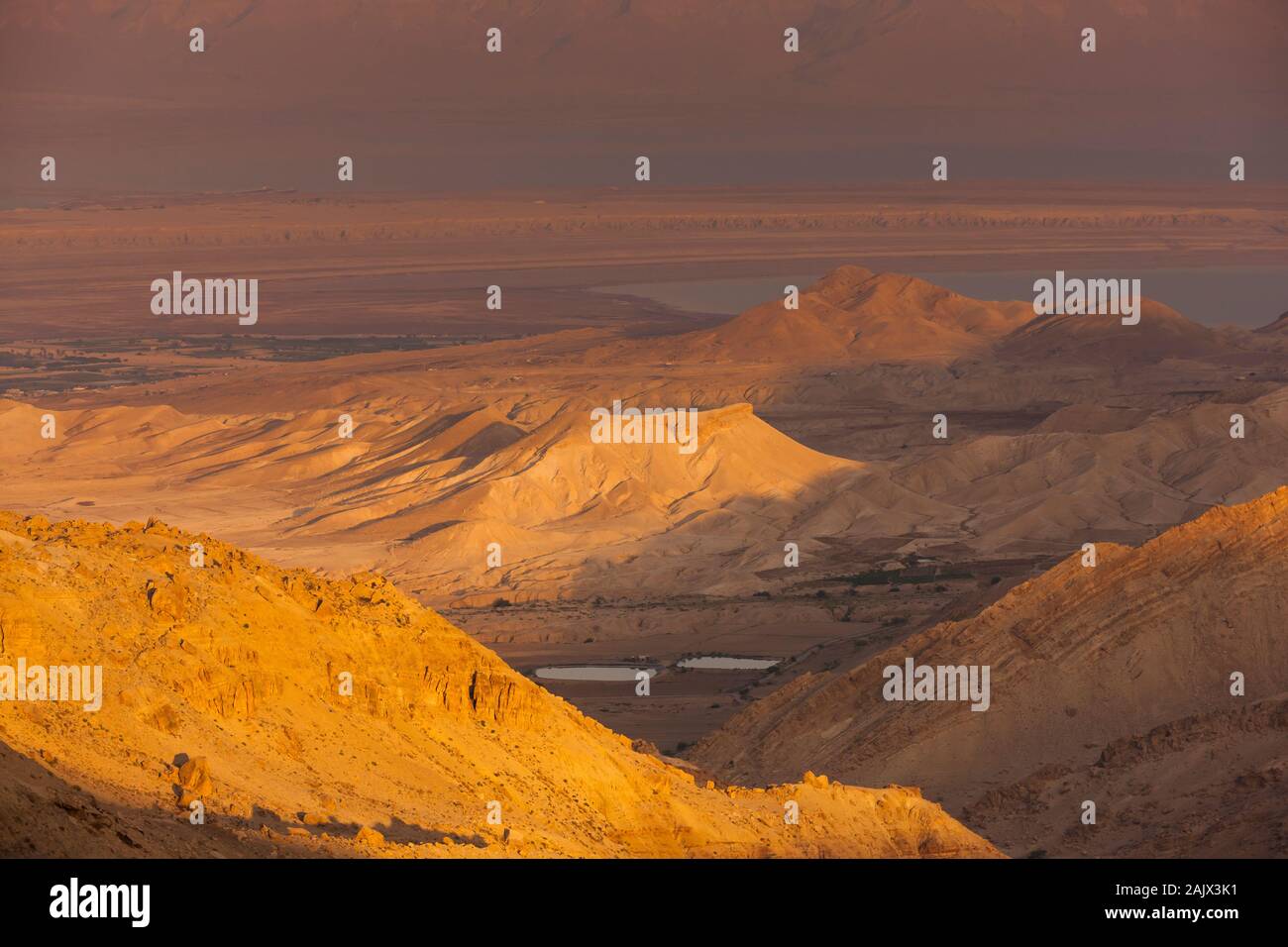 Dead Sea, morning view of Jordan valley, on al Karak Highway, route 50 ...