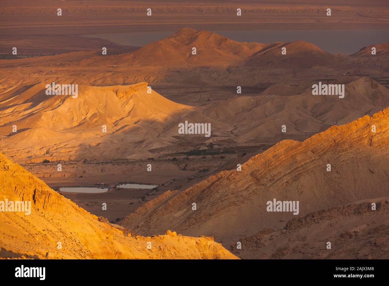 Dead Sea, morning view of Jordan valley, on al Karak Highway, route 50 ...