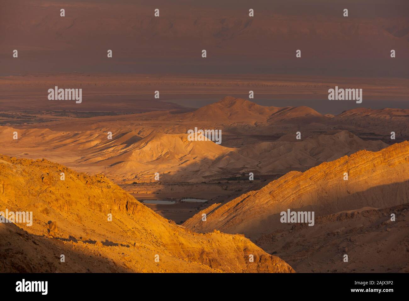 Dead Sea, morning view of Jordan valley, on al Karak Highway, route 50 ...