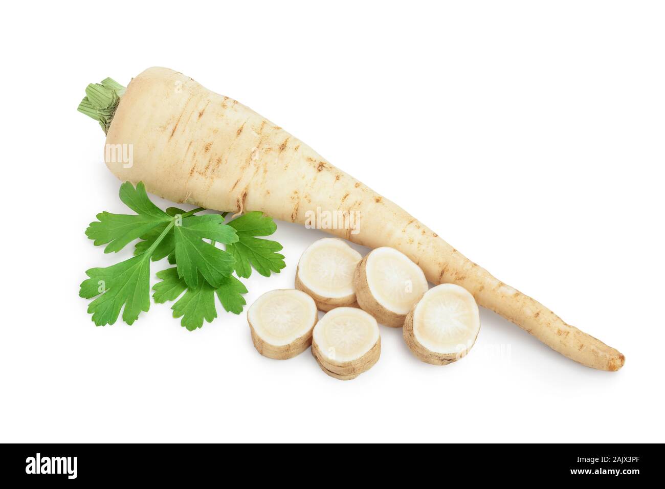 Parsley root with slices and leaves isolated on white background Stock ...