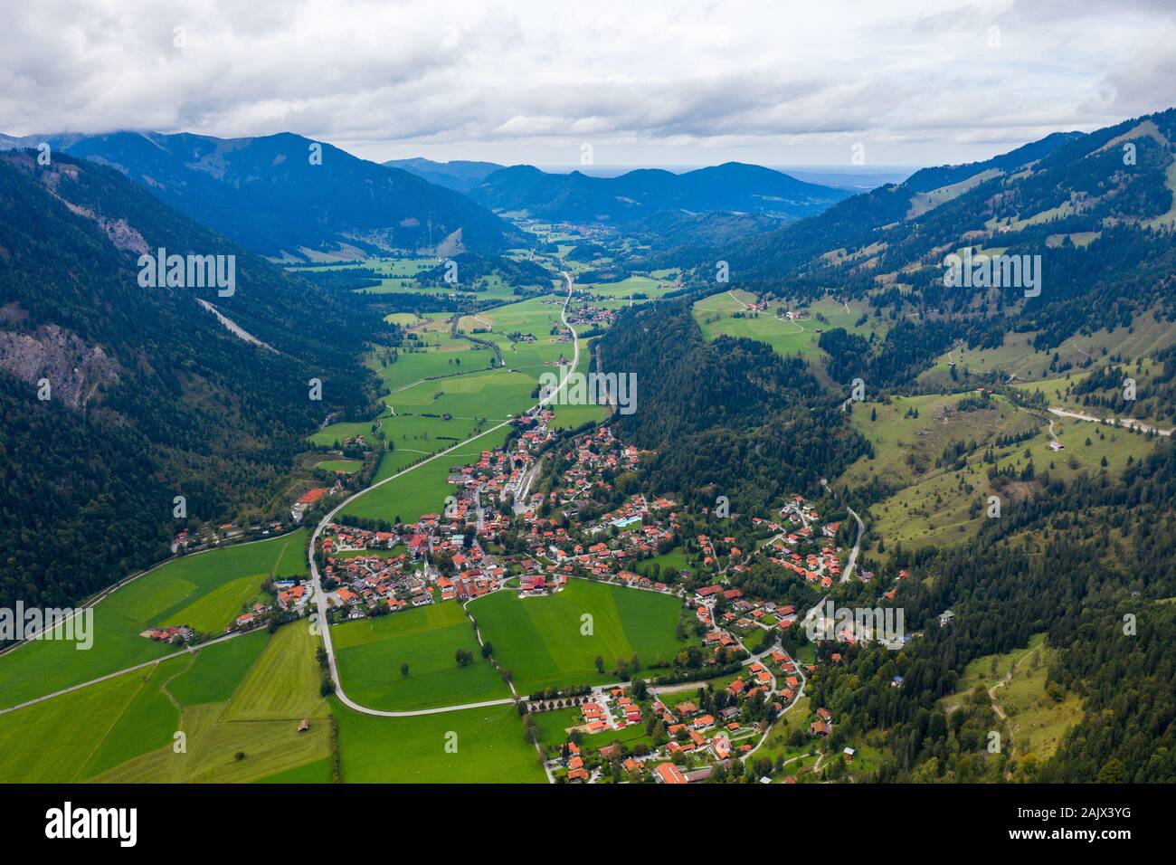 Bayrischzell municipality aerial view, with a view of Osterhofen town ...