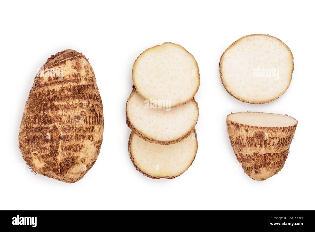 fresh taro root isolated on white background. Top view. Flat lay. Set ...