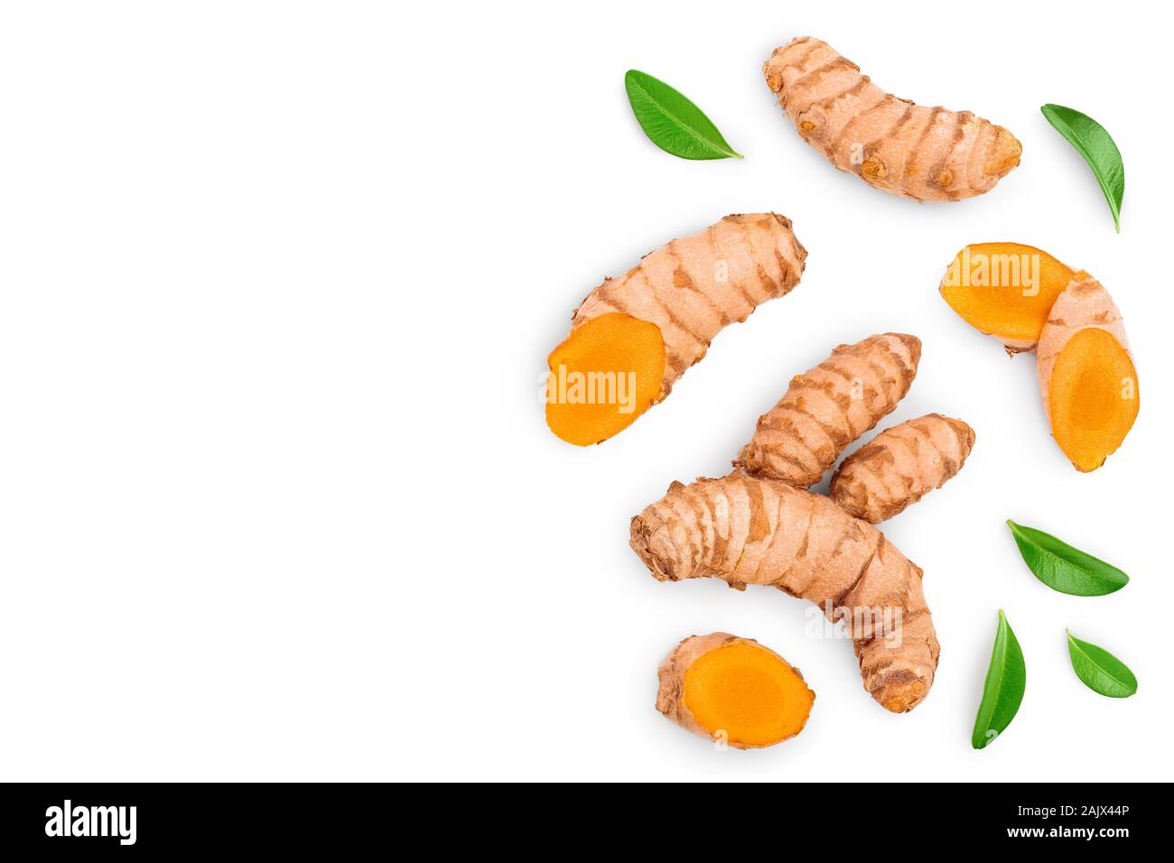 turmeric root and slices isolated on white background with copy space ...