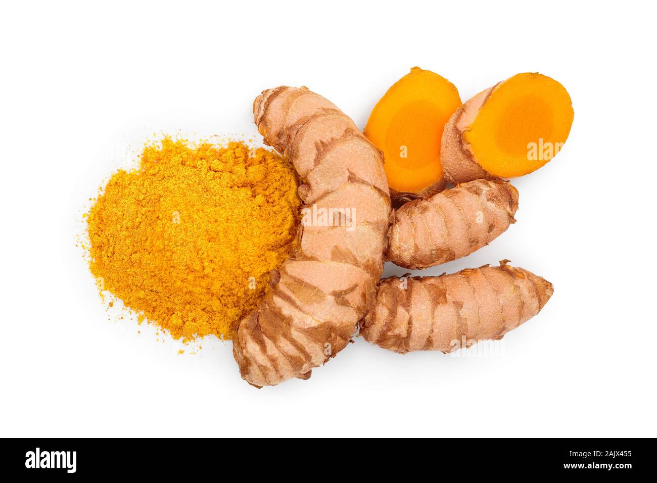 Turmeric powder and turmeric root isolated on white background. Top ...