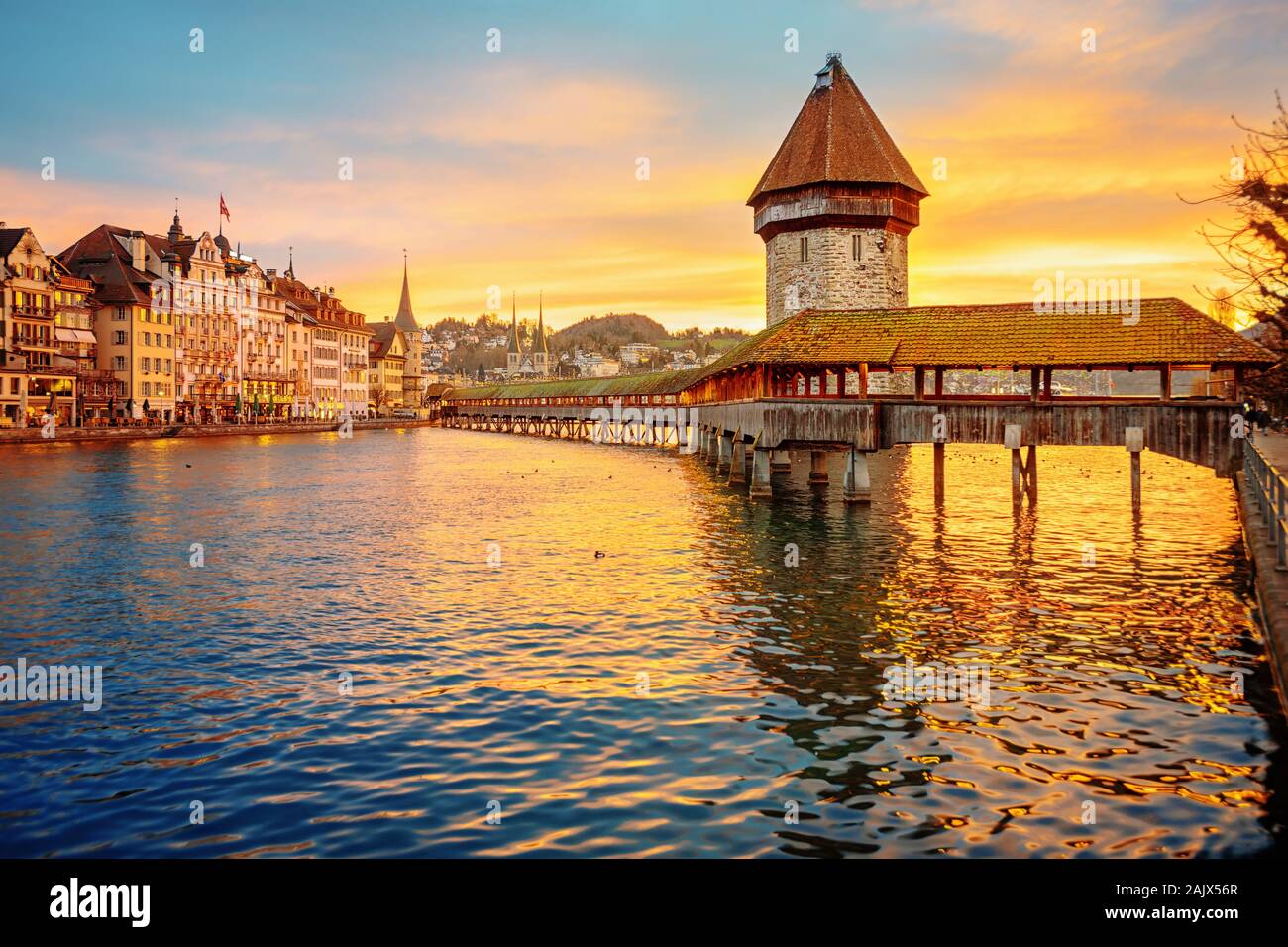 Lucerne historical Old town, Switzerland, view of wooden Chapel bridge ...