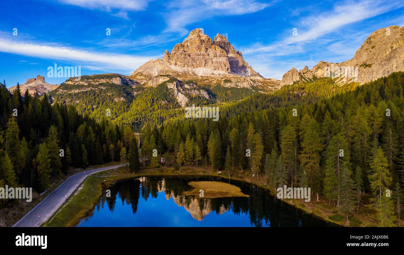 Aerial drone view of Lake Antorno (Lago di Antorno) located in ...