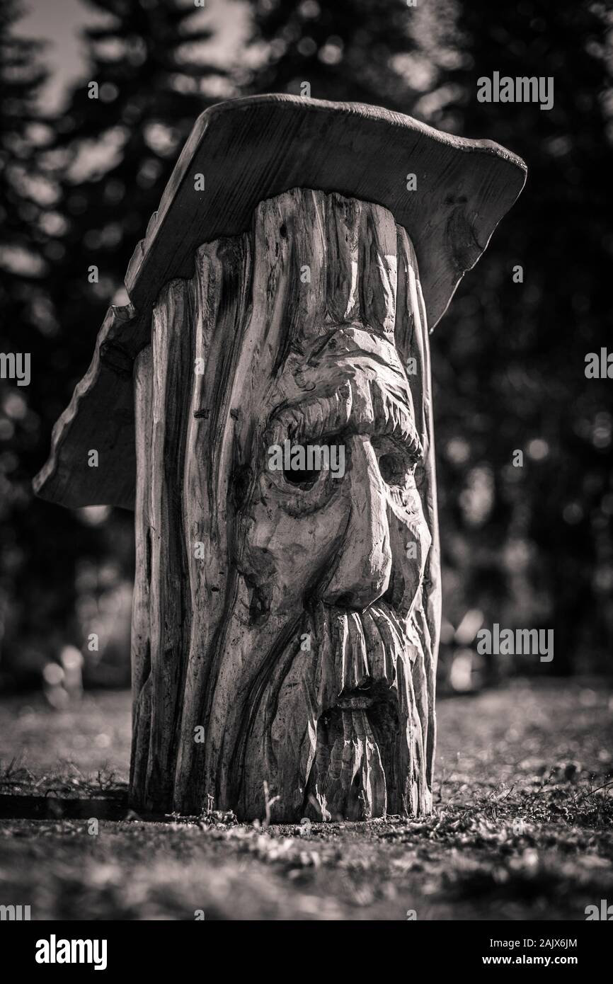 Brown wooden figure of the forest spirit bust on old stump Stock Photo ...