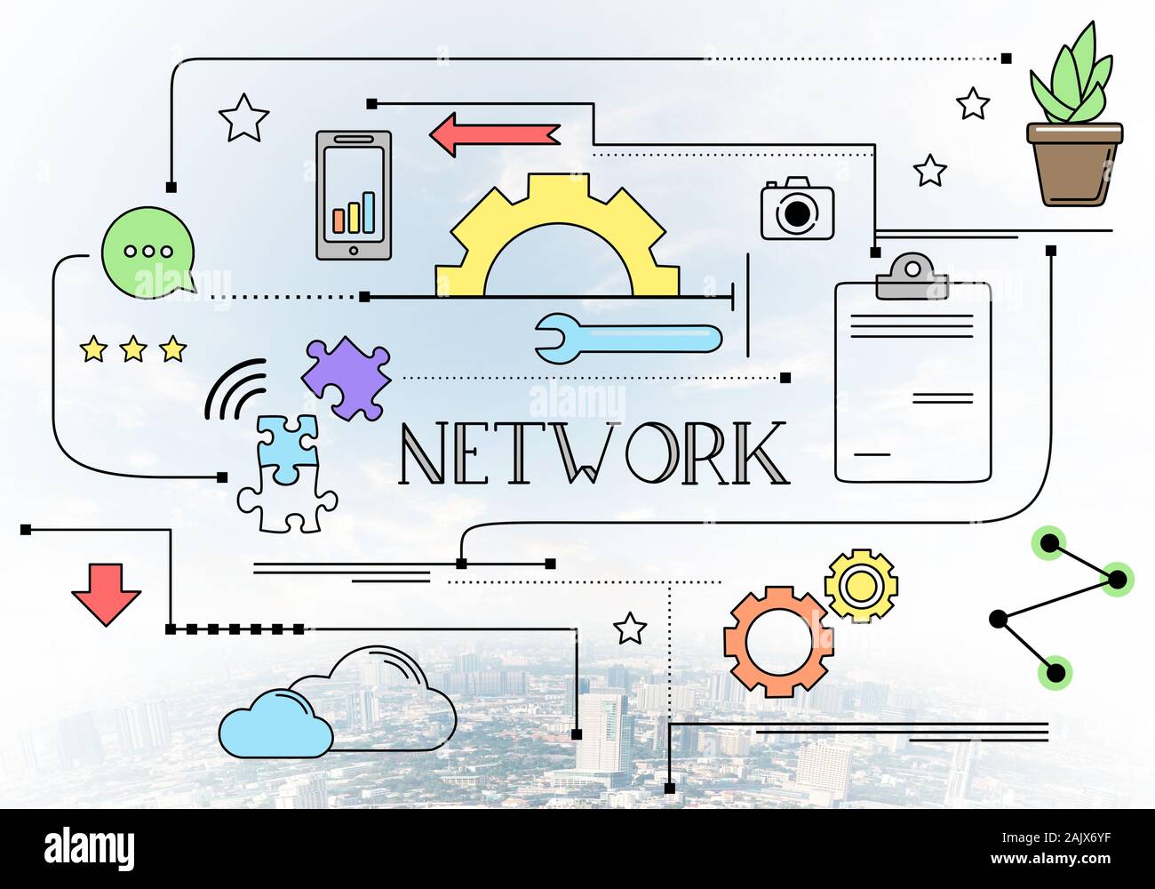 Network connection linear sketch with media signs Stock Photo - Alamy
