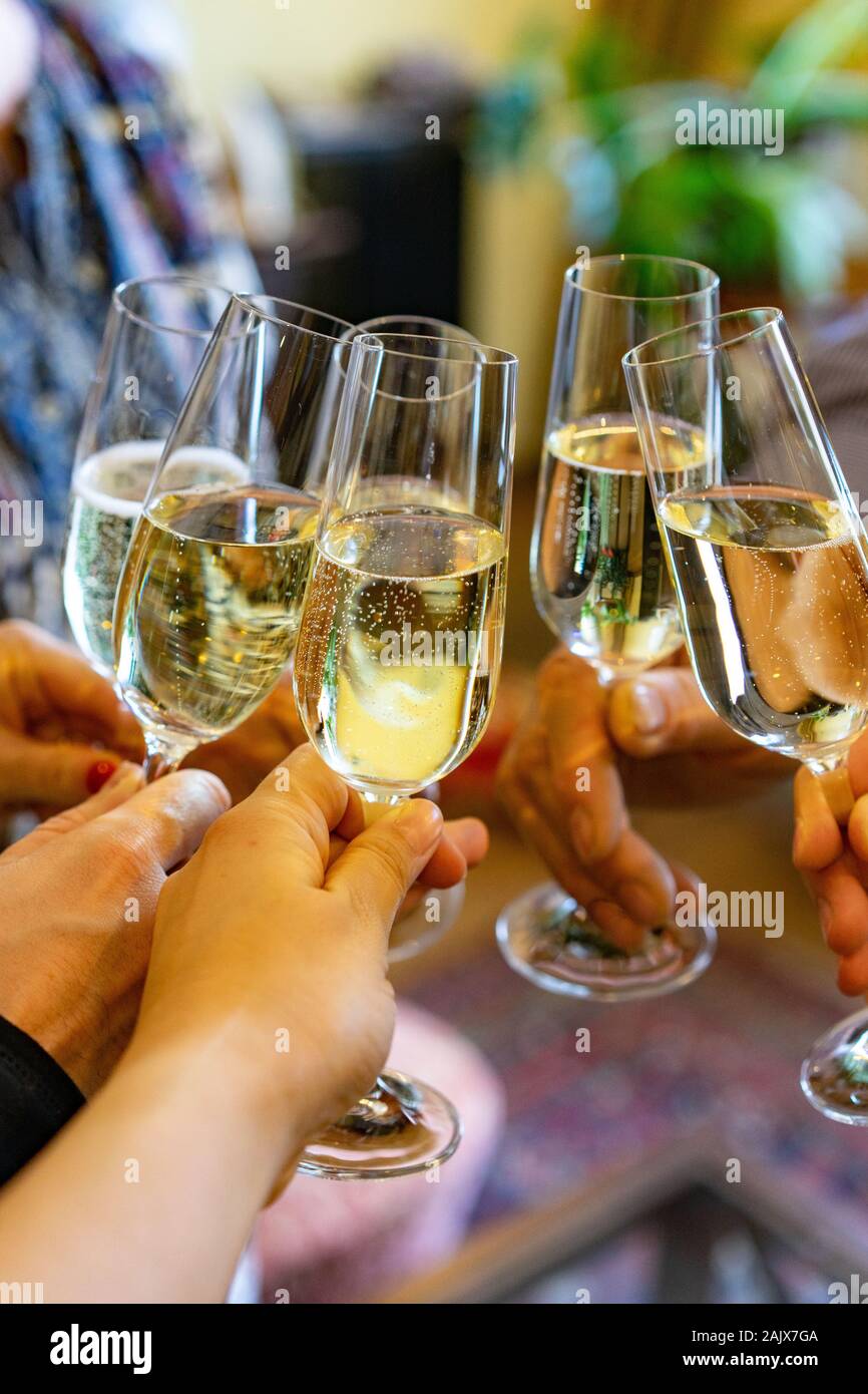 Toasting with champagne glasses indoors vertical portrait Stock Photo ...