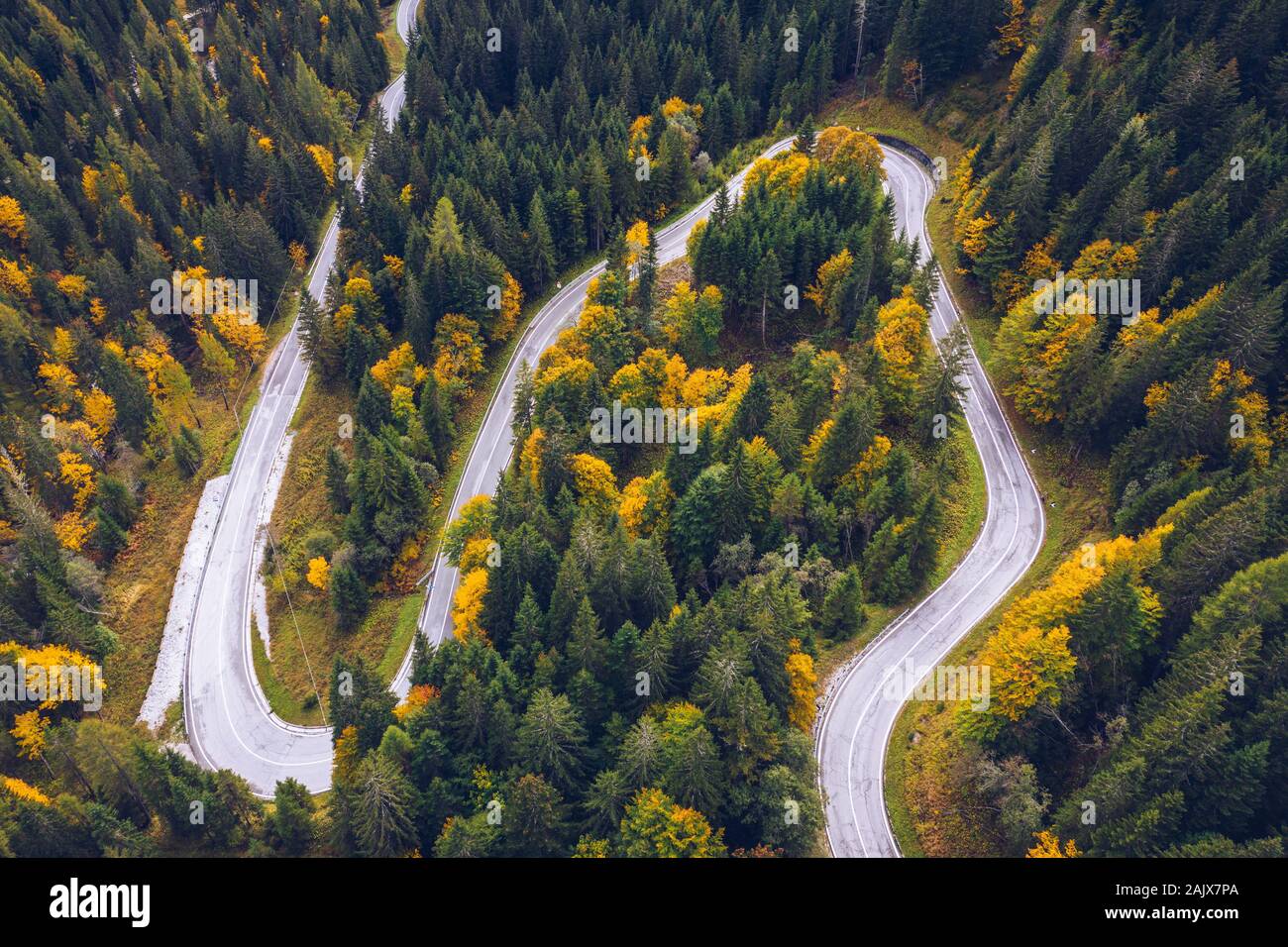 Curved bending road in the forest. Aerial image of a road. Forrest ...