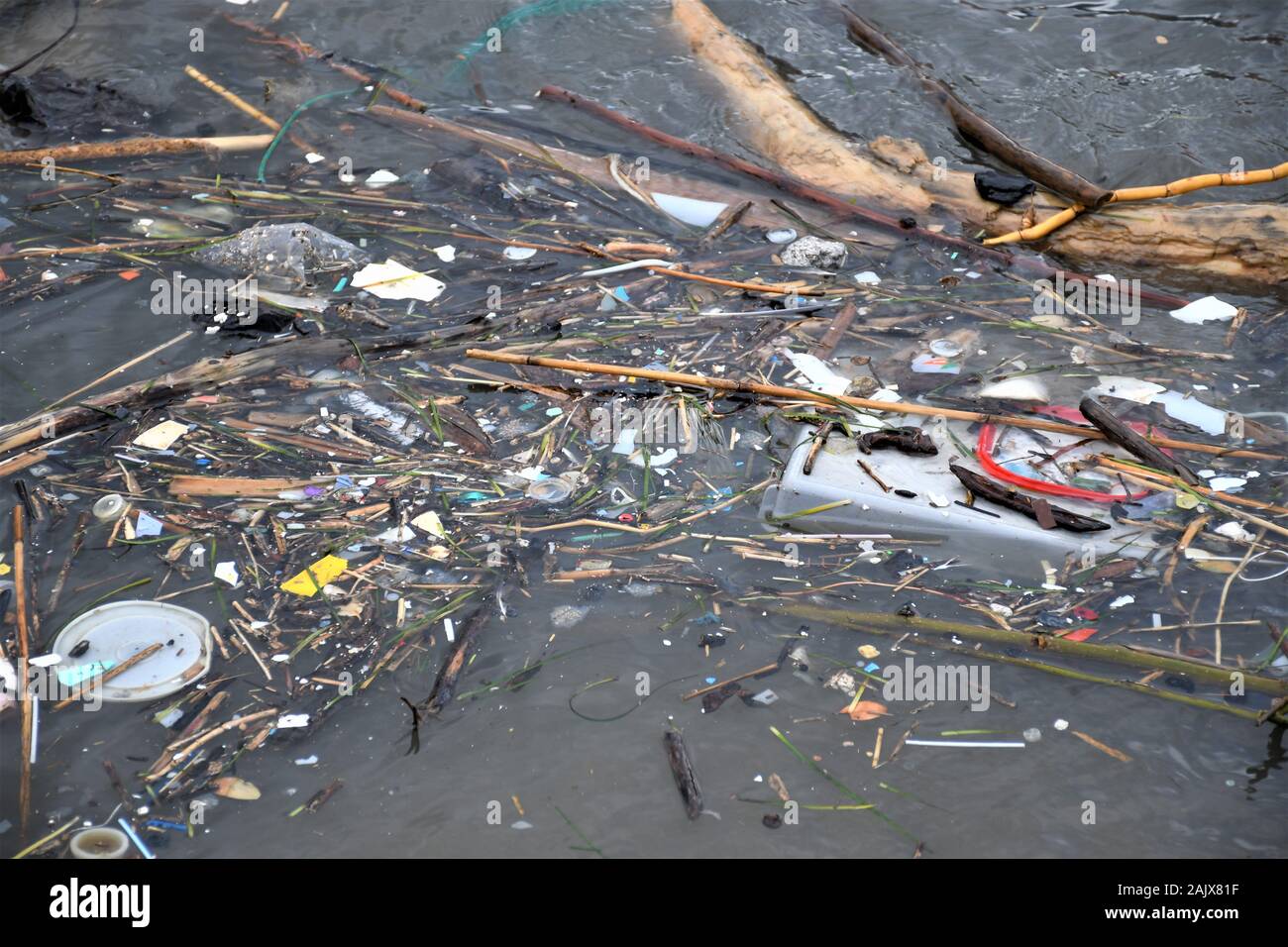 Plastic and microplastic waste floating in the water. Ocean and sea ...