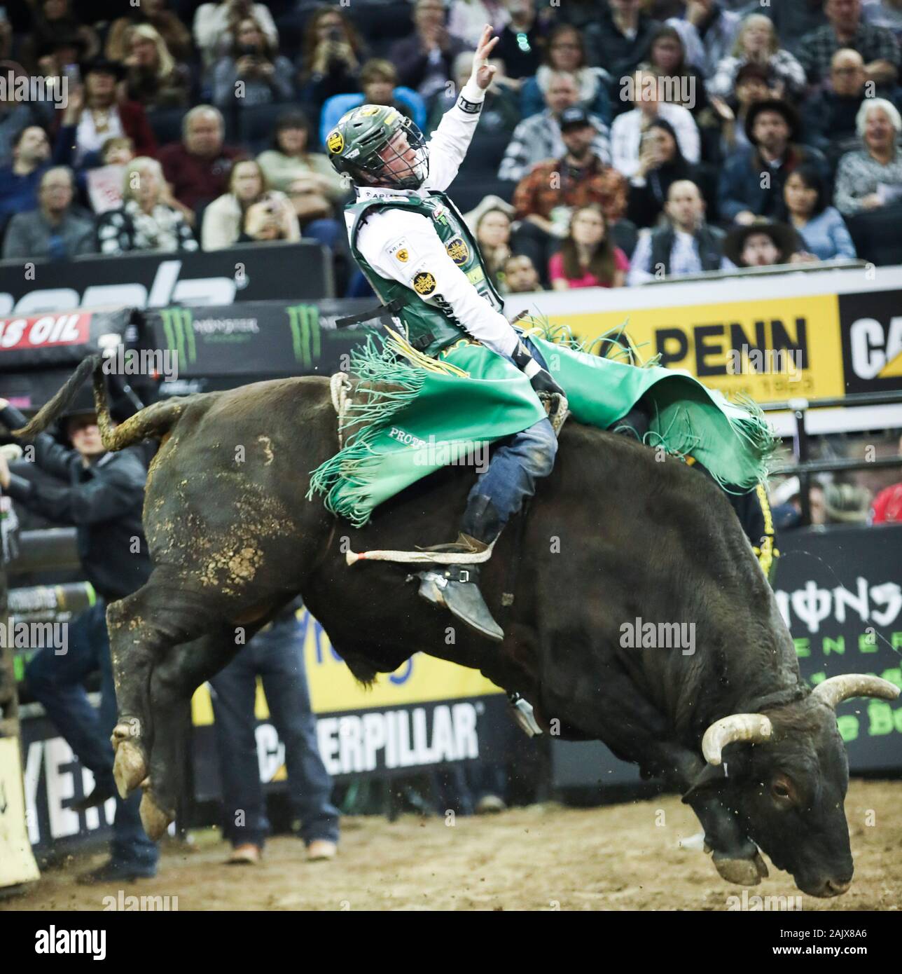 New York, USA. 5th Jan, 2020. Coper Davis rides on Twinkle Toes (bull ...