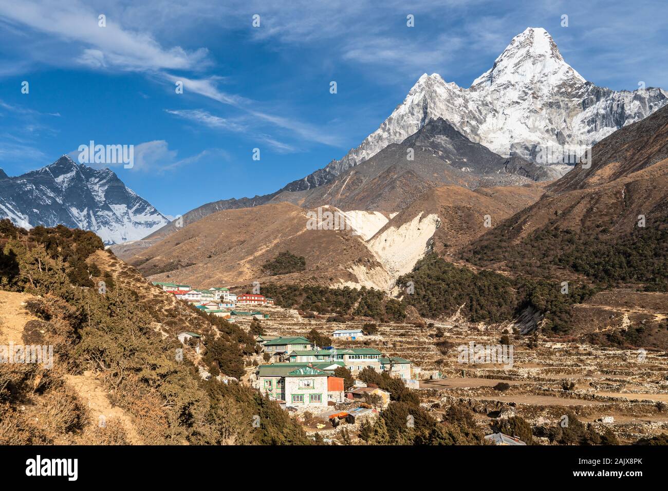 Pangboche village with many tea houses and lodges at the feet of the ...