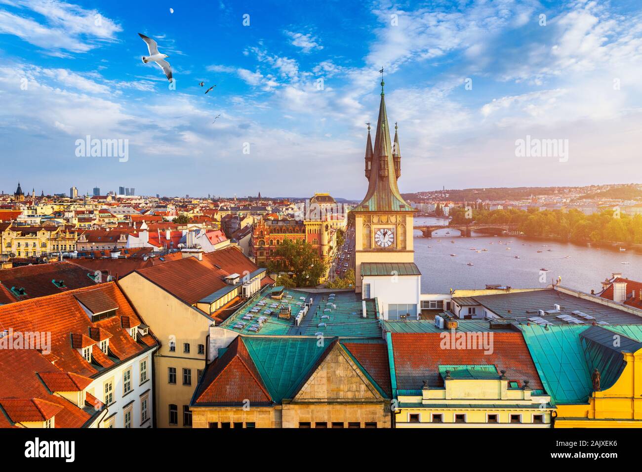 Aerial panorama view with flying birds of the Old Town in Prague, Czech ...