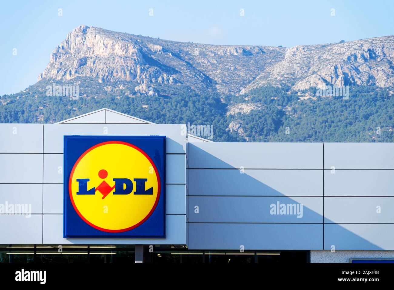 Calp, Spain - January 01, 2020: Lidl supermarket logo on Lidl store ...