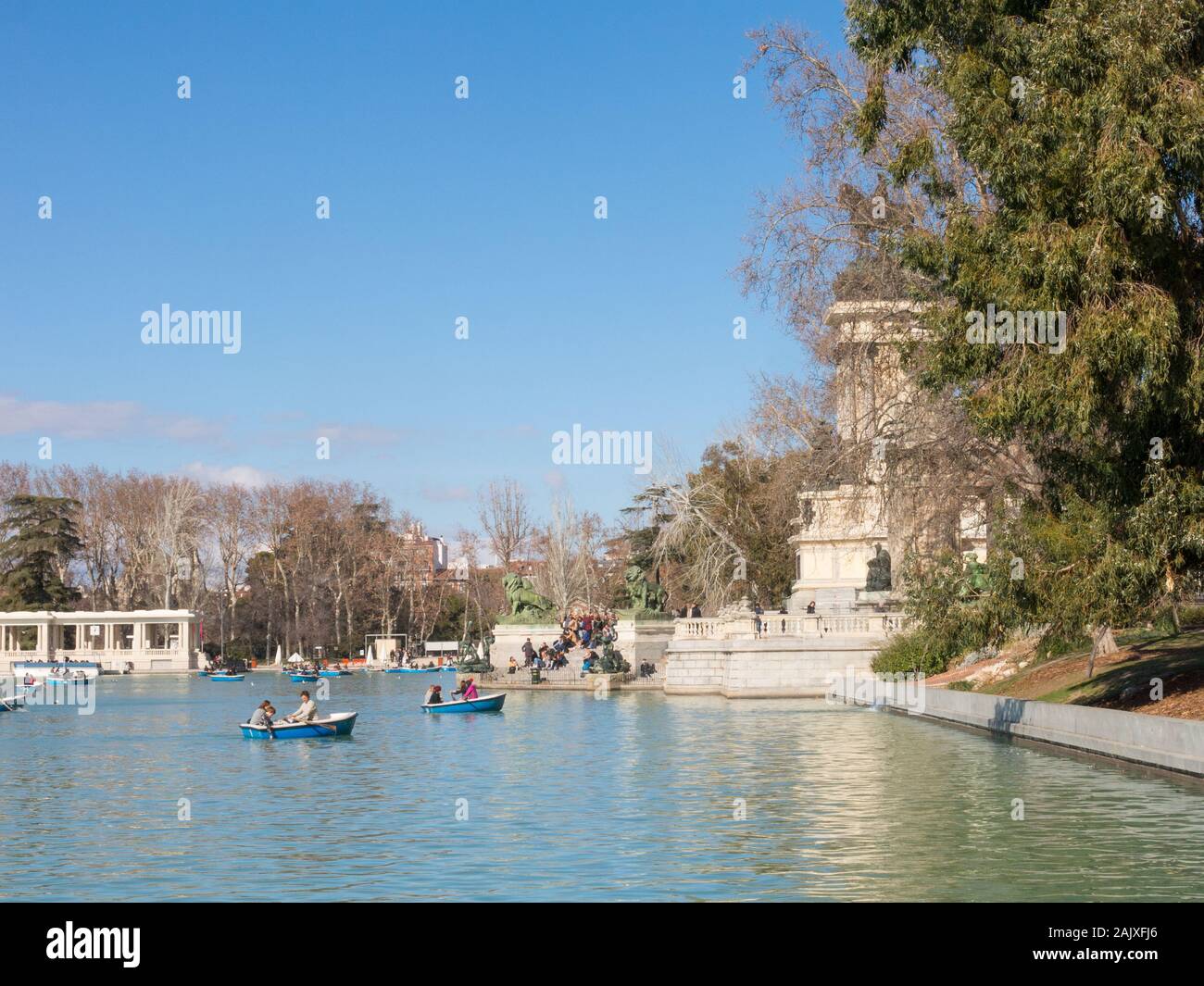 Madrid, Spain - January 27, 2018: People enjoying a boat ride on the ...