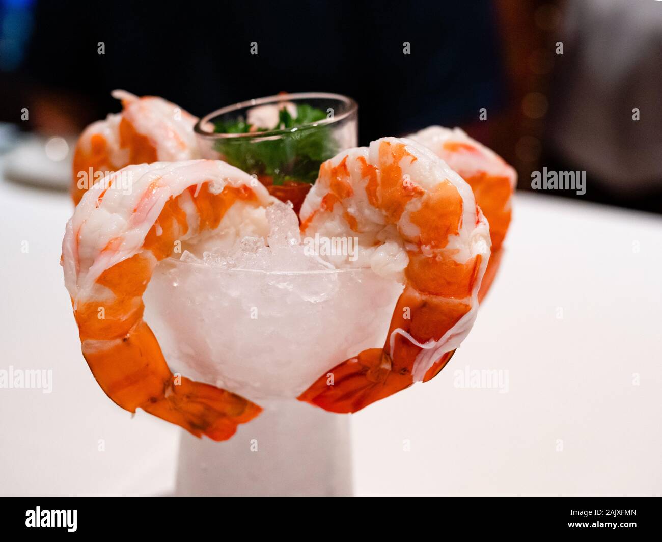 Close up of a classic traditional prawn cocktail appetizer served on a ...