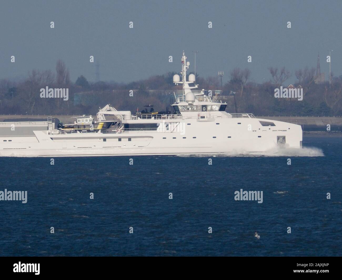 Sheerness, Kent, UK. 6th Jan, 2020. 70m long superyacht 'Game Changer ...