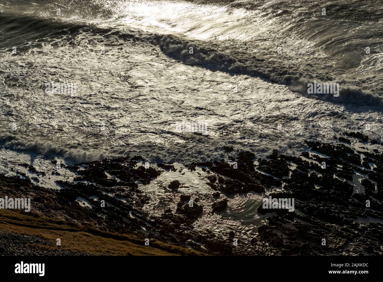 Breaking waves at Overton Cliff. Port Eynon, Gower Peninsula, Wales ...