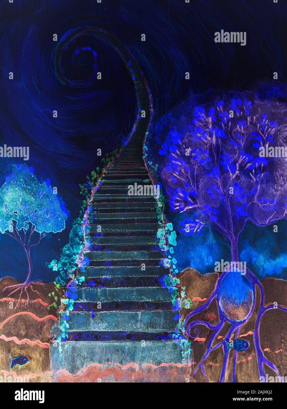 Cosmic ladder with tree of life in the blue hour. The dabbing technique ...