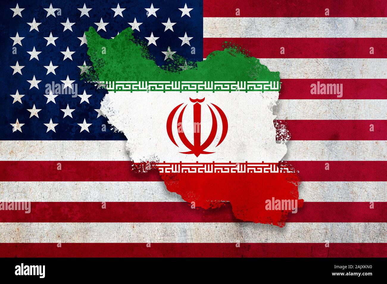Flag and country of Iran layered over the USA flag. With a weathered ...