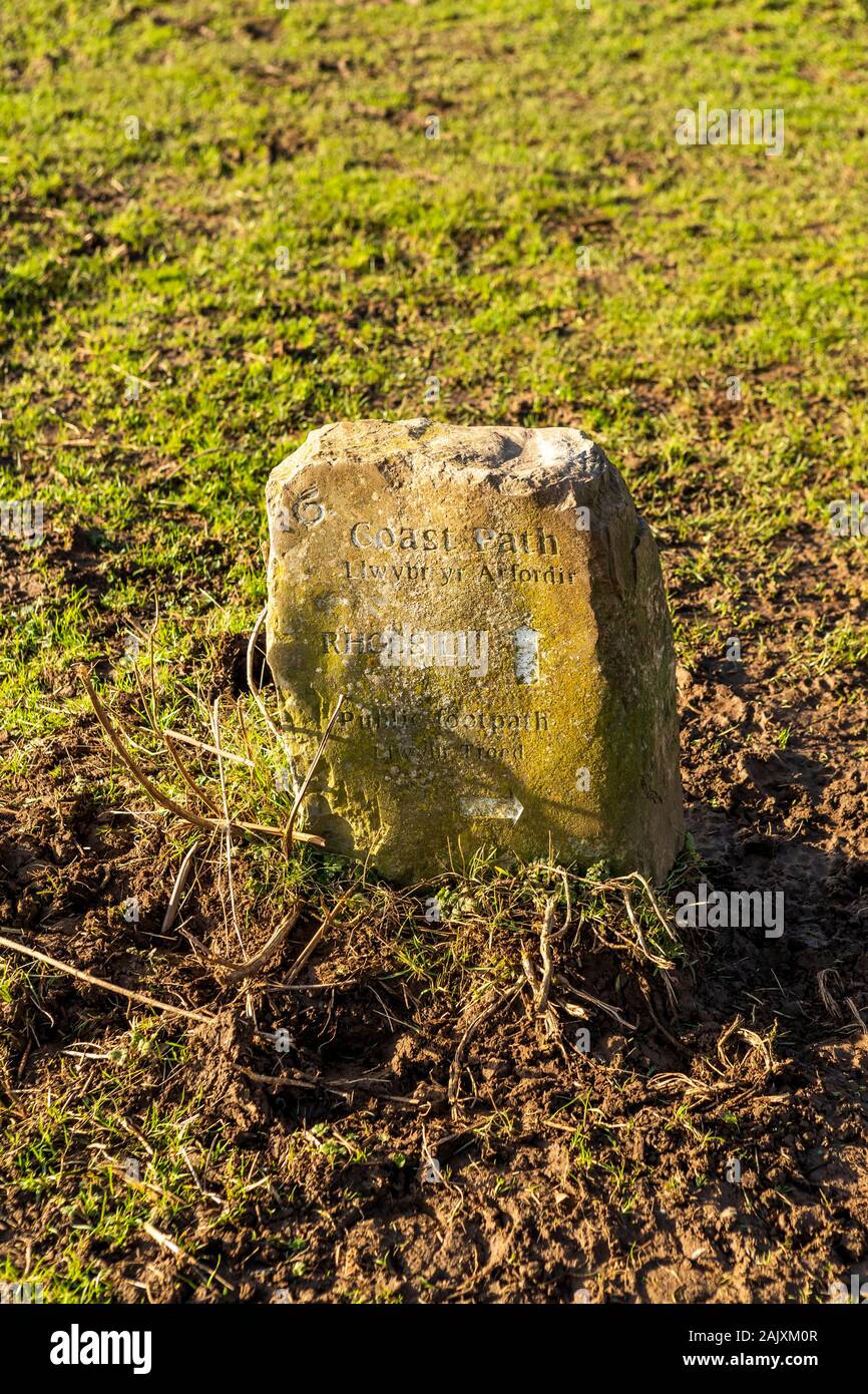 Coast path waymarker stone. Port Eynon, Gower Peninsula, Wales Stock ...