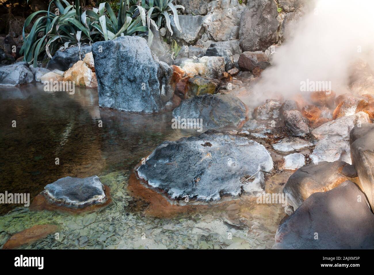 Fumaroles in the hot spring (Jigoku), multi-colored volcanic pool of ...