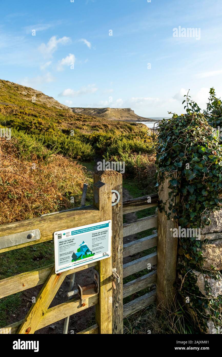Nature reserve gate and stile at Overton Mere and Cliff. Port Eynon ...