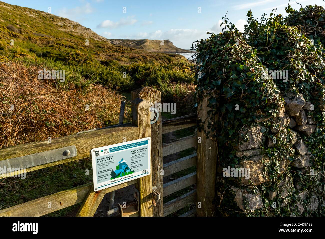 Nature reserve gate and stile at Overton Mere and Cliff. Port Eynon ...