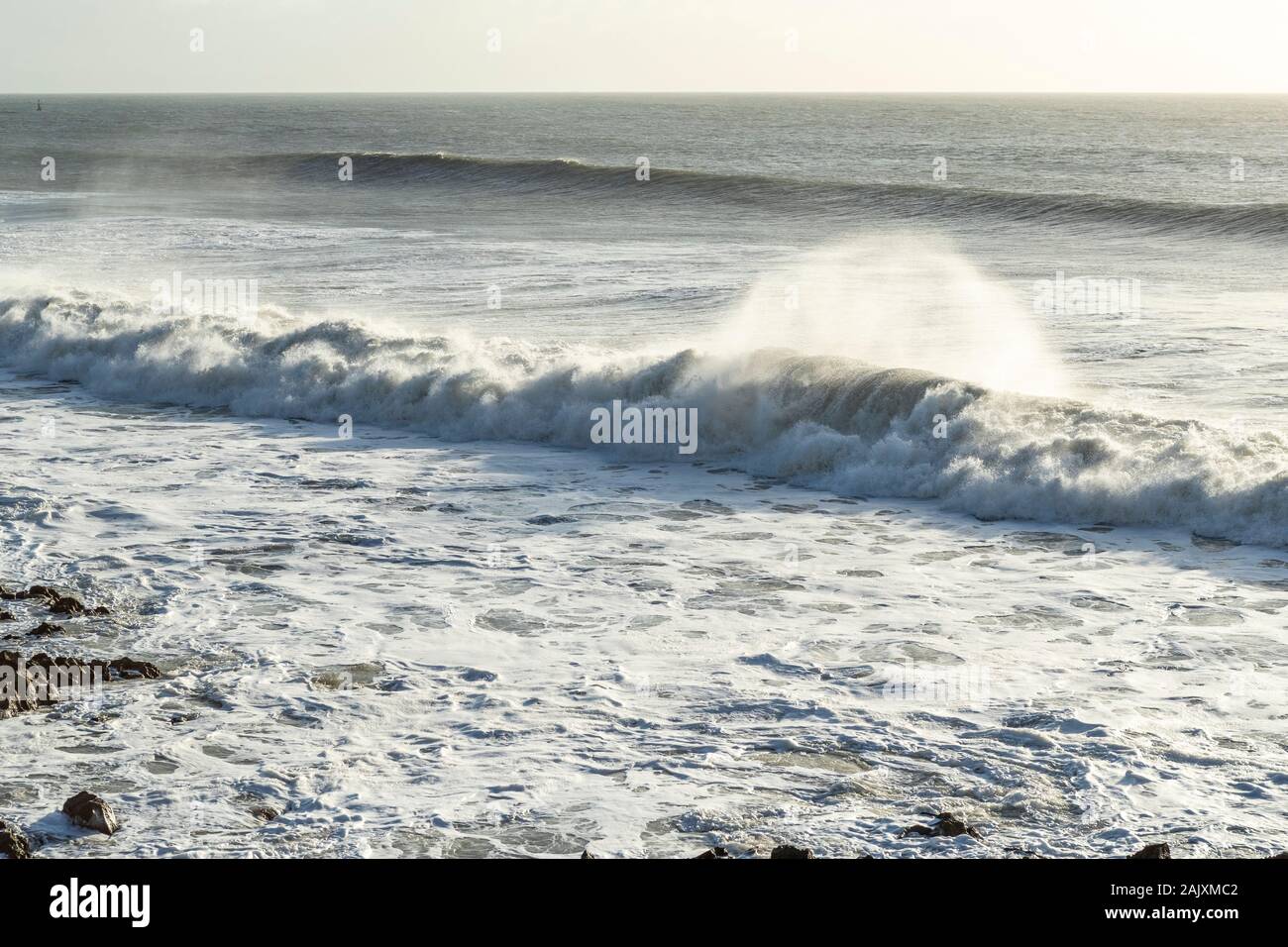 Breaking waves at Overton Cliff. Port Eynon, Gower Peninsula, Wales ...