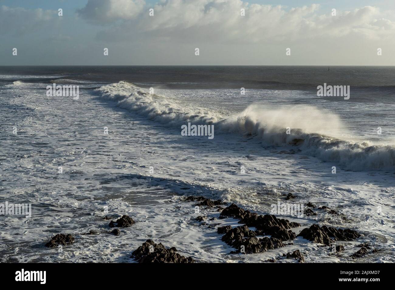 Breaking waves at Overton Cliff. Port Eynon, Gower Peninsula, Wales ...