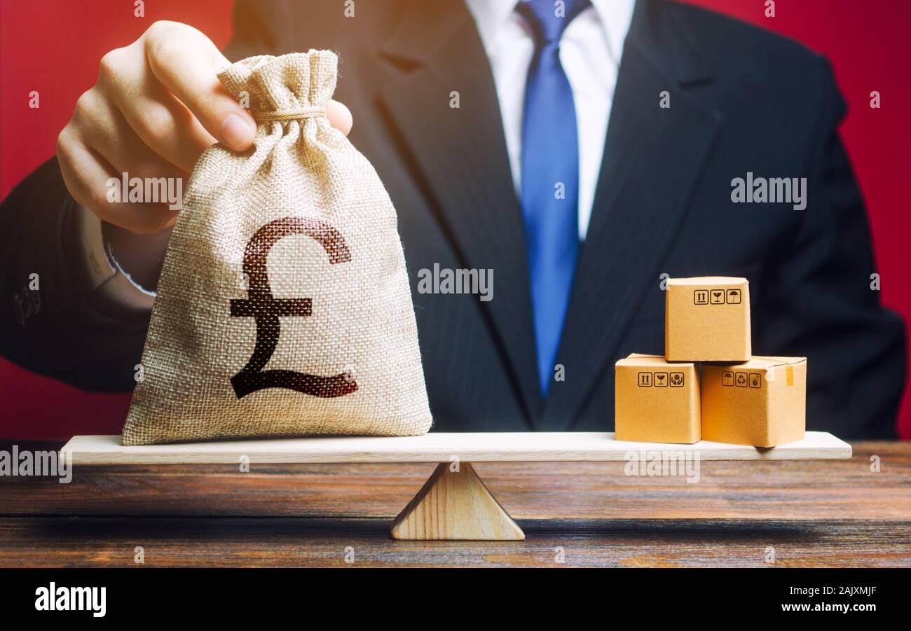 Pound sterling GBP symbol money bag and a bunch of boxes on scales ...