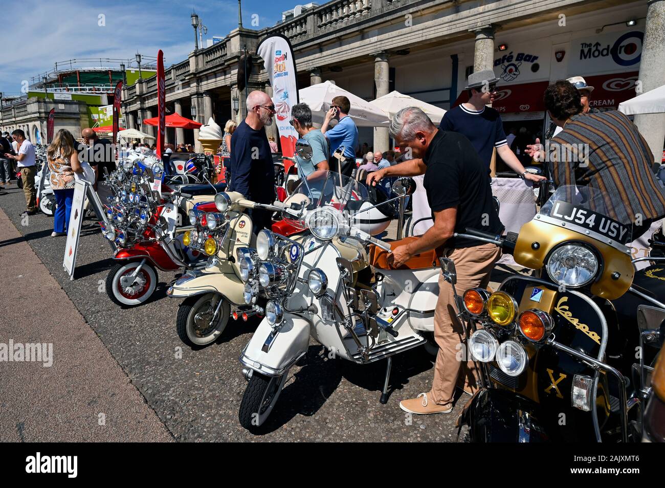Scooters on display seafront Mod weekend in Brighton England Stock ...