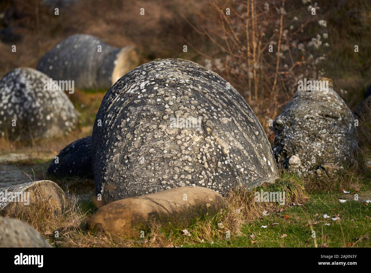 Sedimentary rocks (concretions) in the natural park in Romania Stock ...