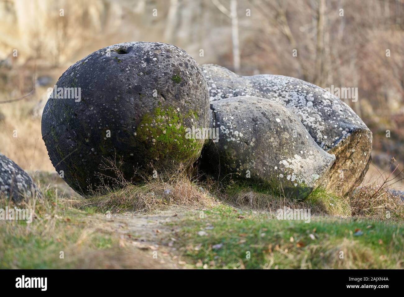 Sedimentary rocks (concretions) in the natural park in Romania Stock ...