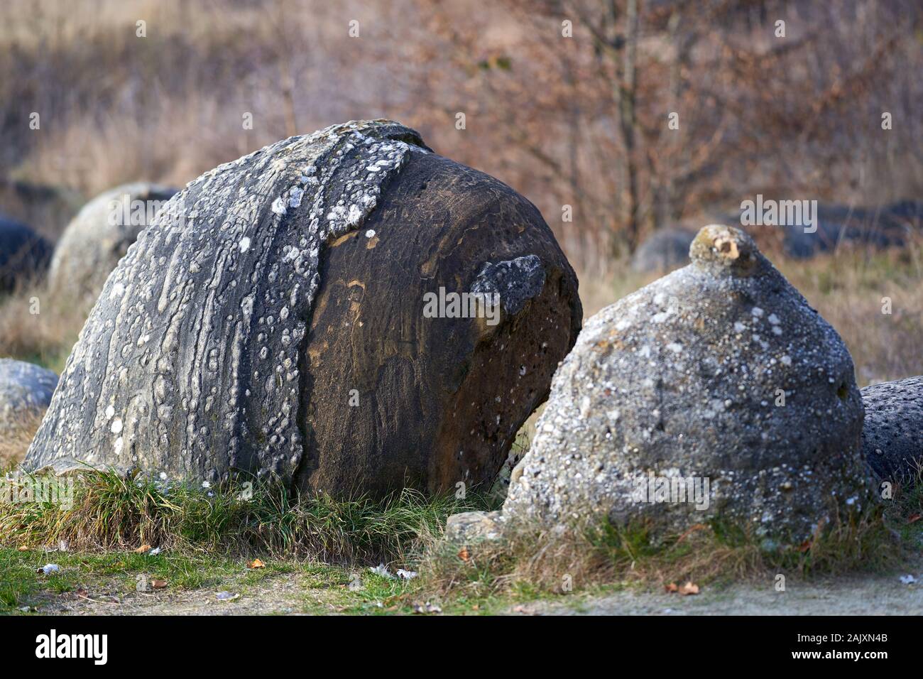 Sedimentary rocks (concretions) in the natural park in Romania Stock ...