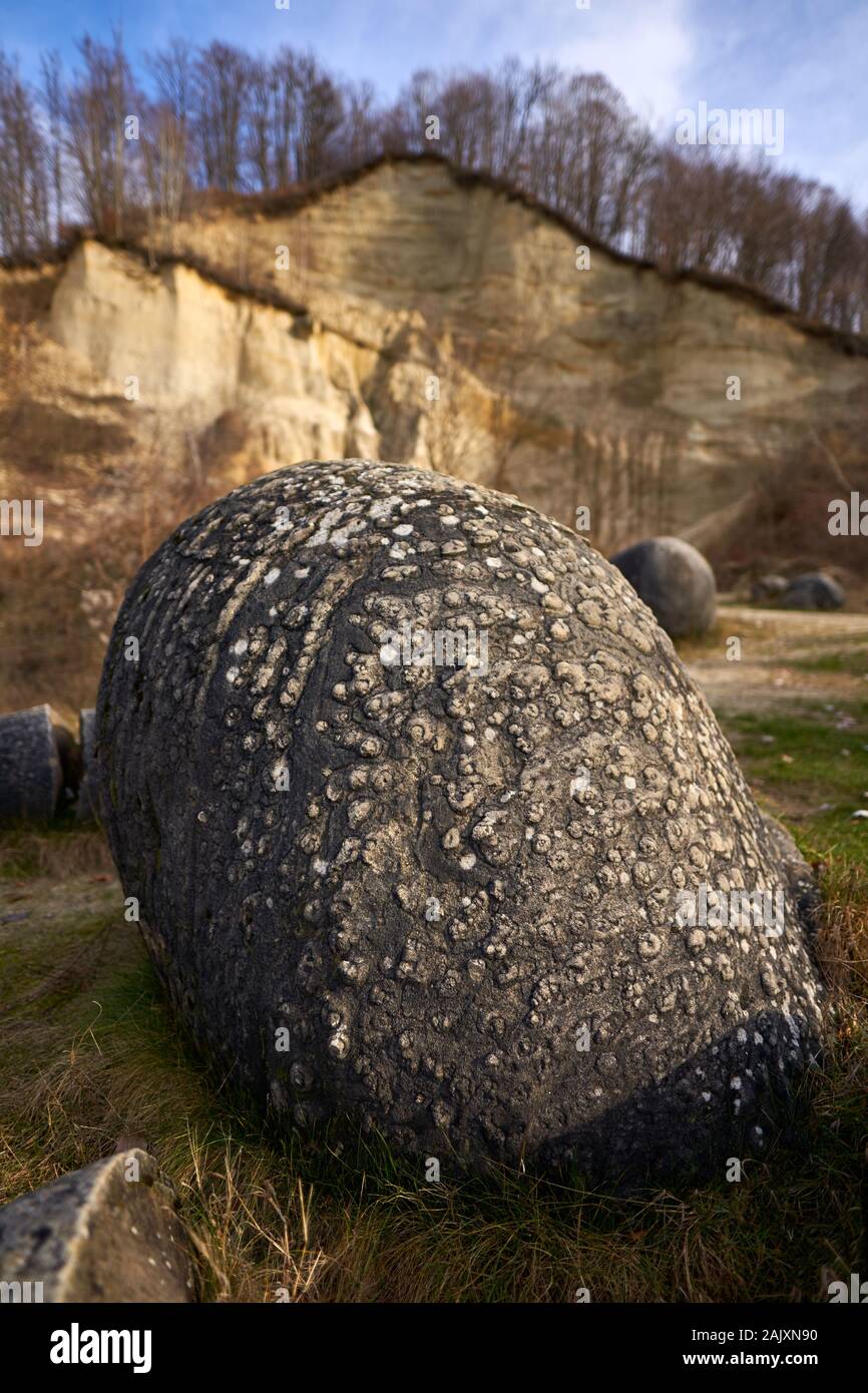 Sedimentary rocks (concretions) in the natural park in Romania Stock ...